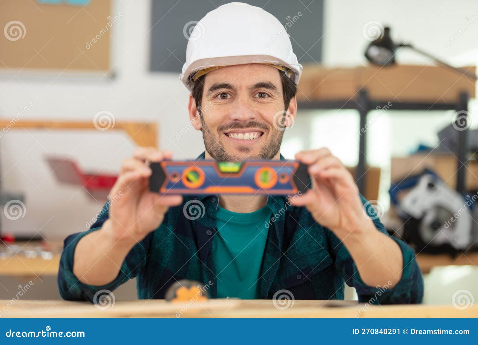 Male Engineer in Workshop Showing Spirit Level Stock Image - Image of ...
