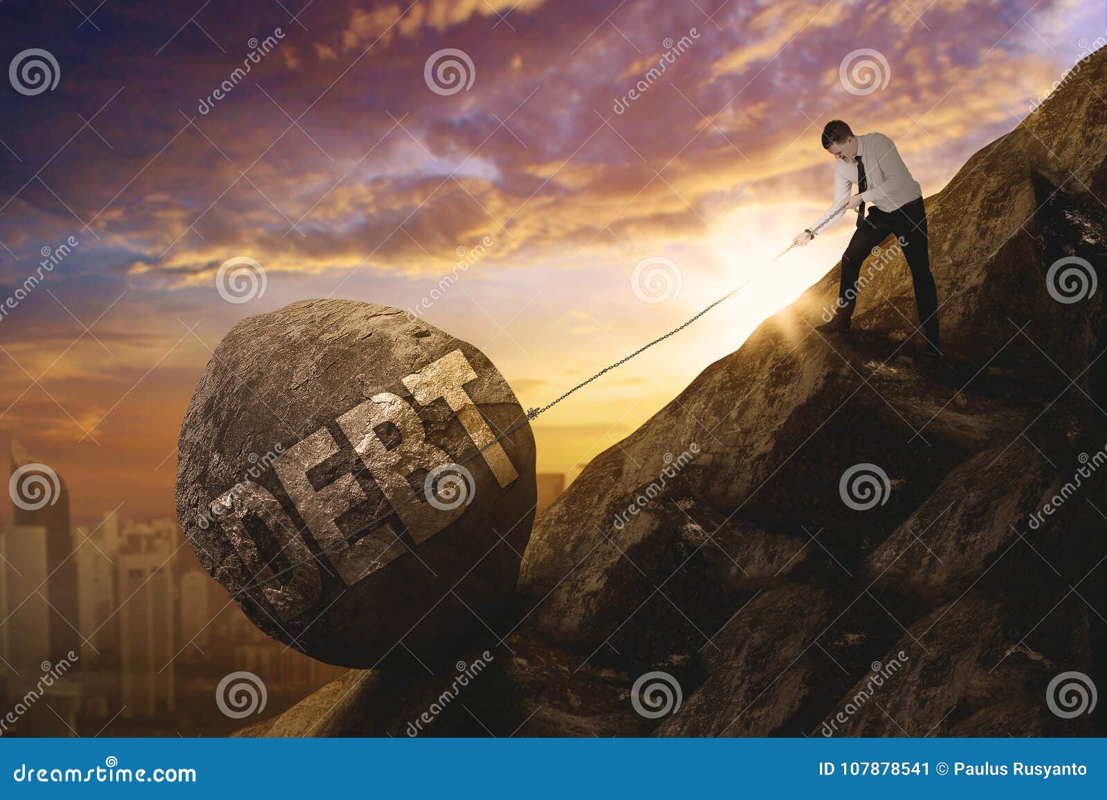 Male Entrepreneur Pulling Debt Word on Cliff Stock Image - Image of ...