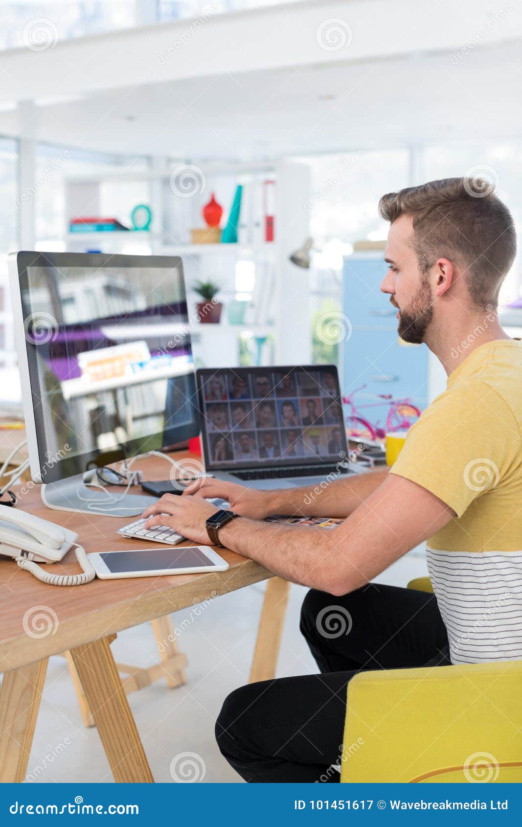 Male Executive Working on Computer at Desk Stock Image - Image of ...