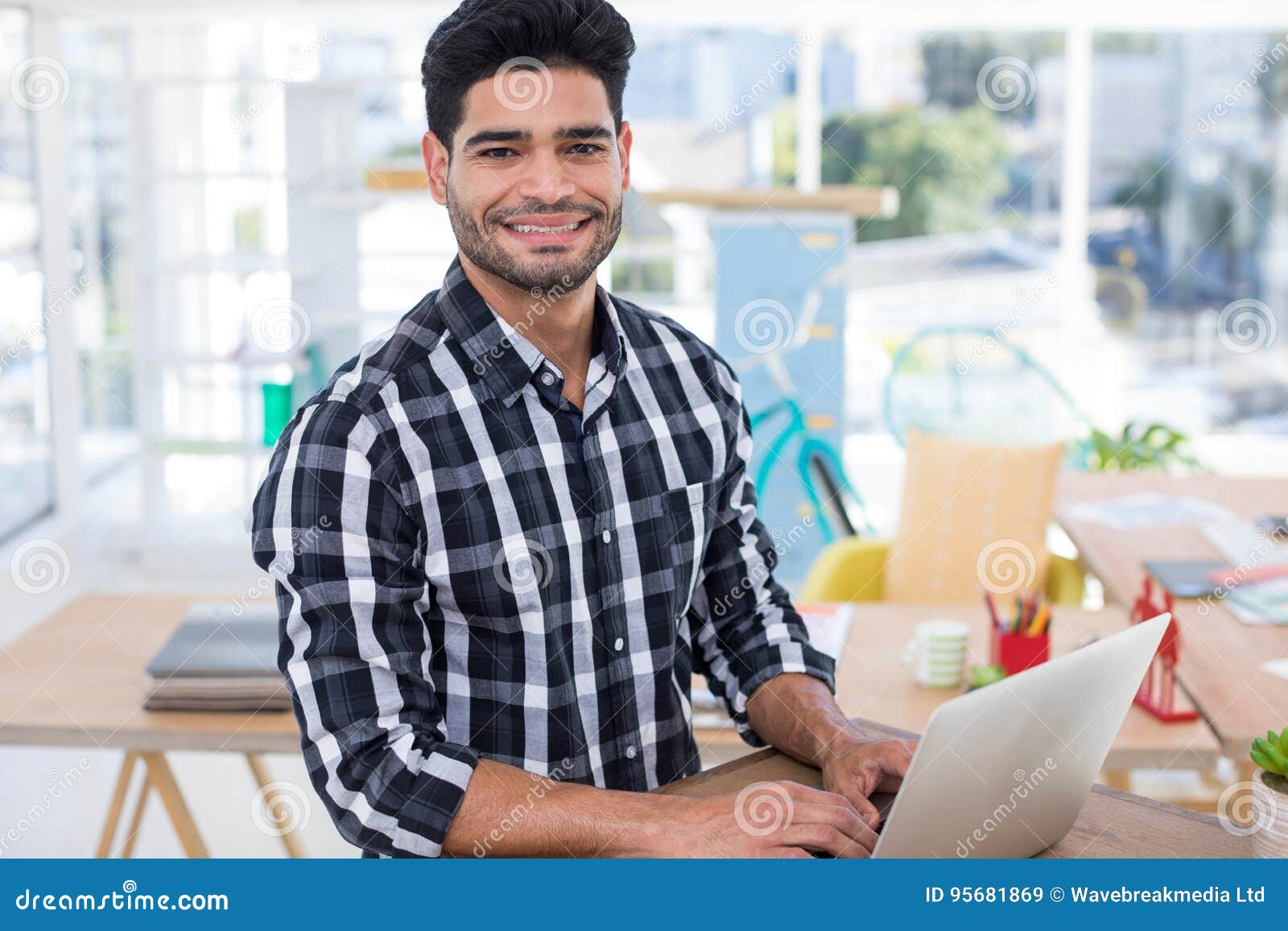 Male Executive Working on Laptop at Desk Stock Image - Image of happy ...