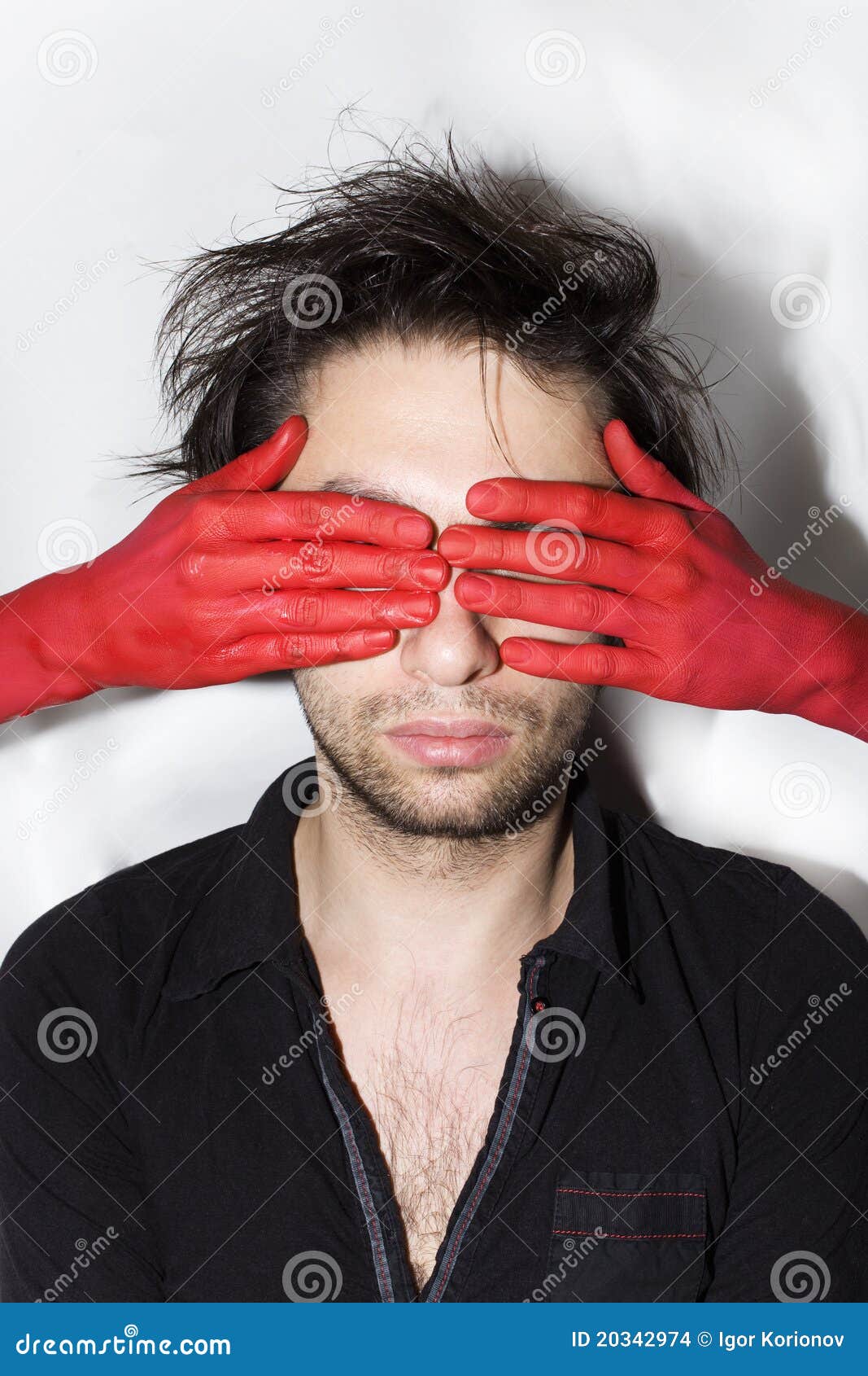Male Face with Eyes Closed Red Hands Stock Photo - Image of head ...