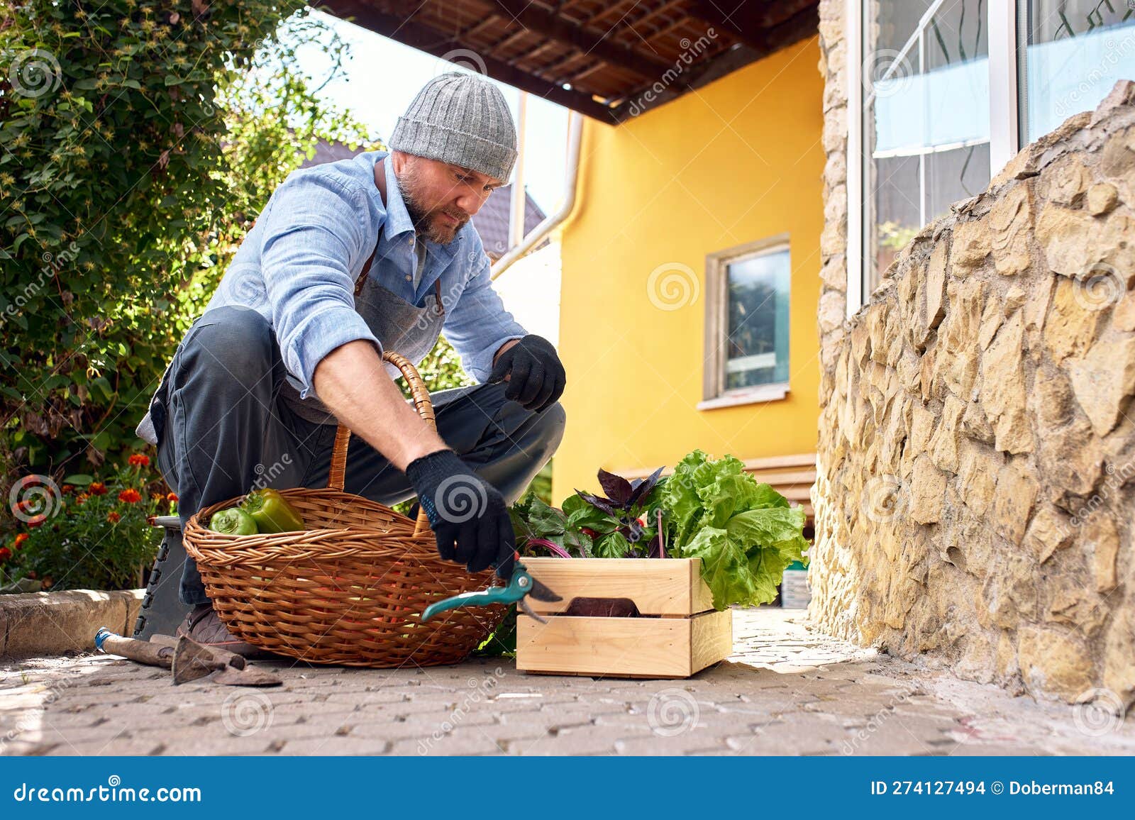 A Male Farmer Sitting in the Yard Outdoors, Resting. Stock Photo ...