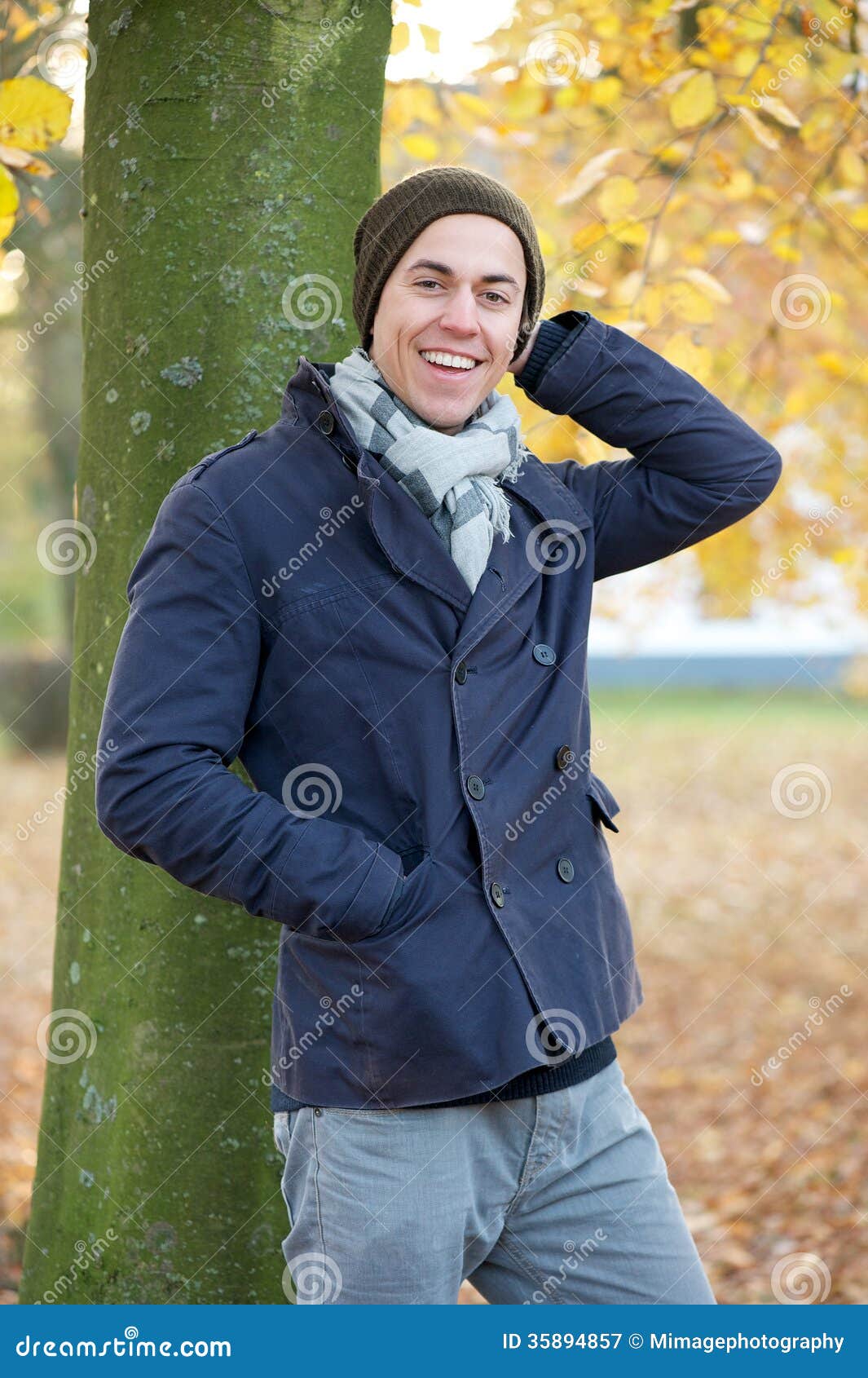 Male Fashion Model Laughing Outdoors Stock Image Image Of Leaves