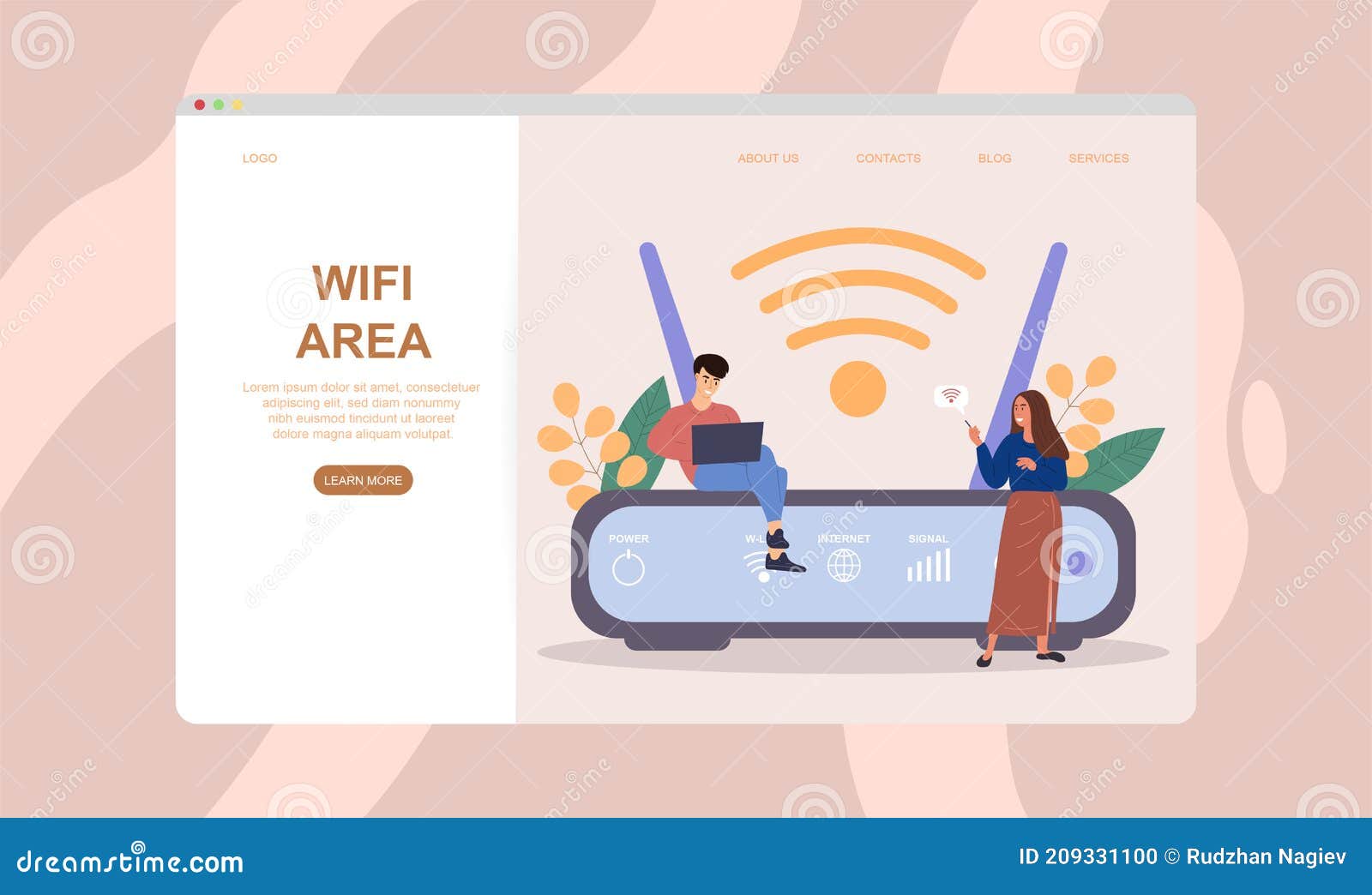 Male and Female Characters are Using Wifi Next To Wifi Router Stock ...