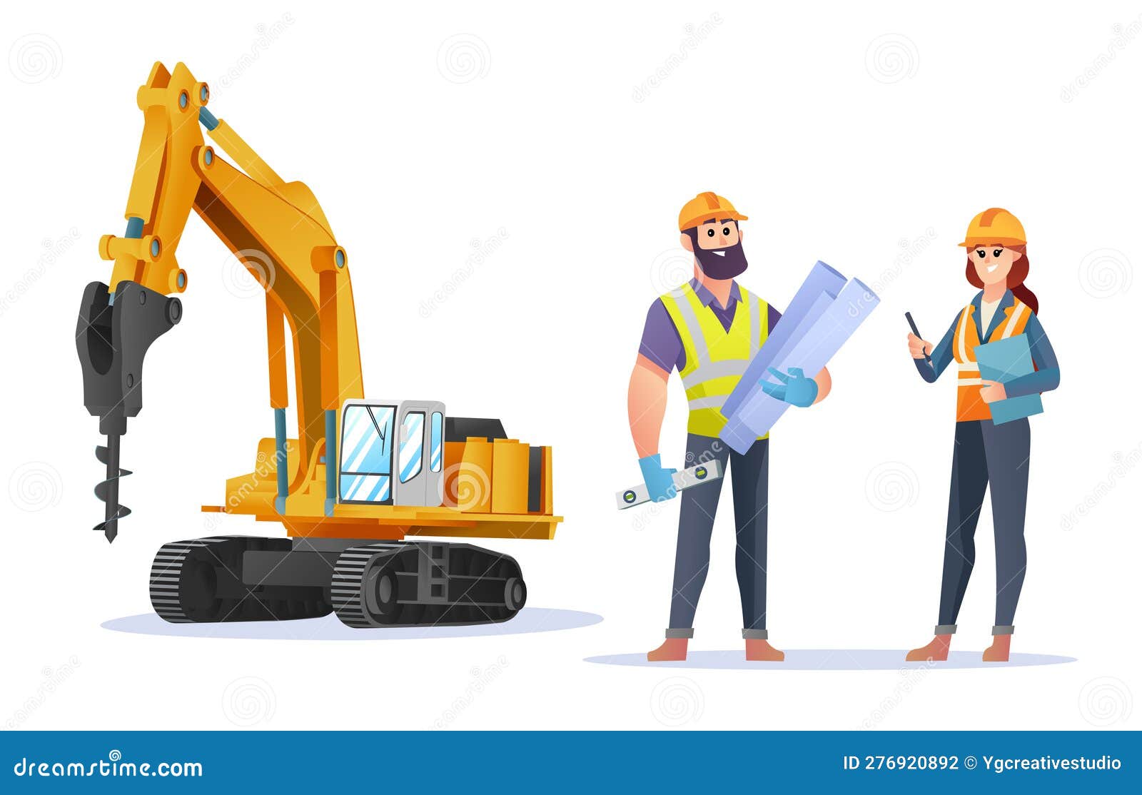 Male and Female Construction Engineer Characters with Drill Excavator ...