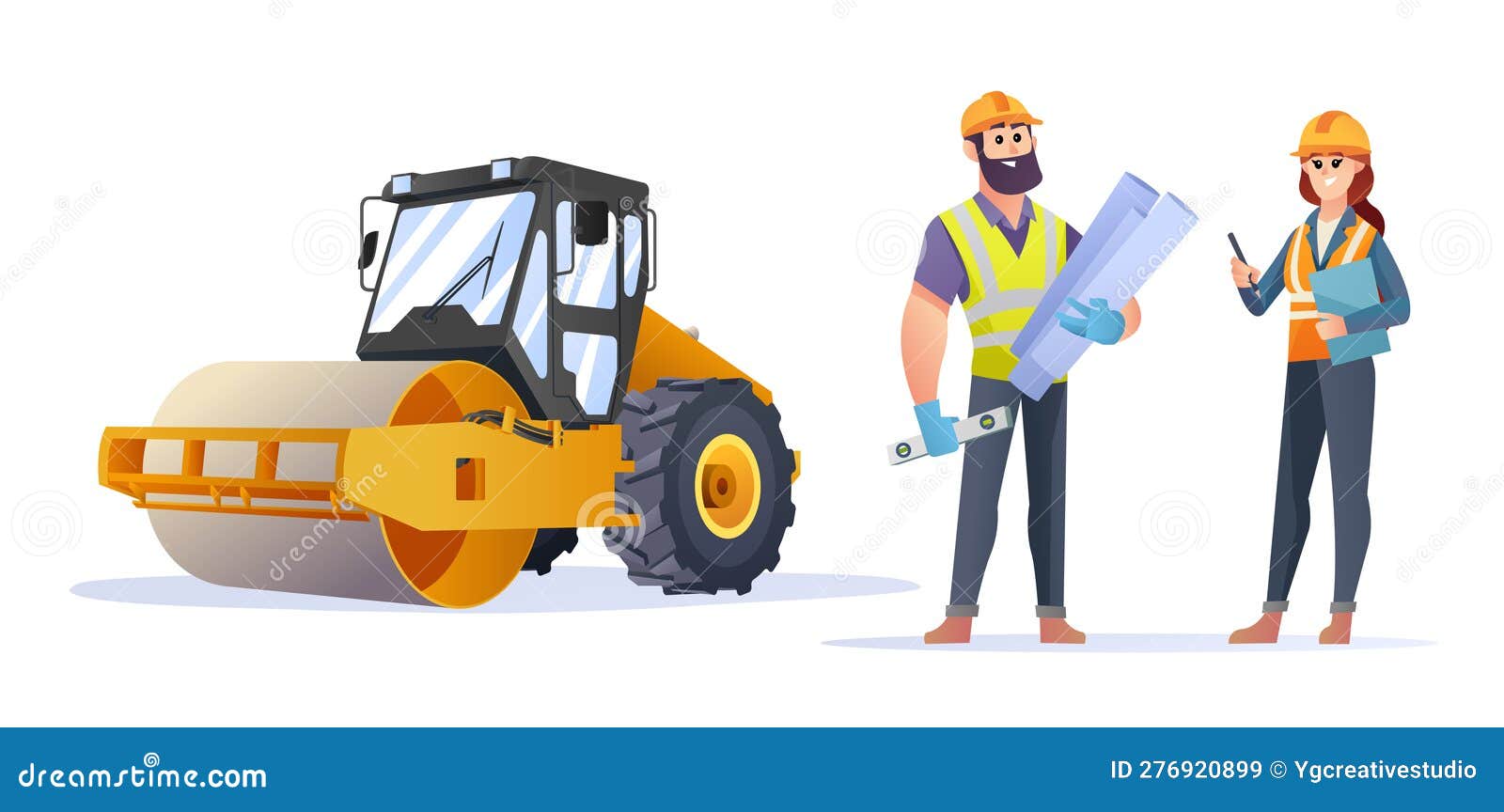 Male and Female Construction Engineer Characters with Steamroller ...