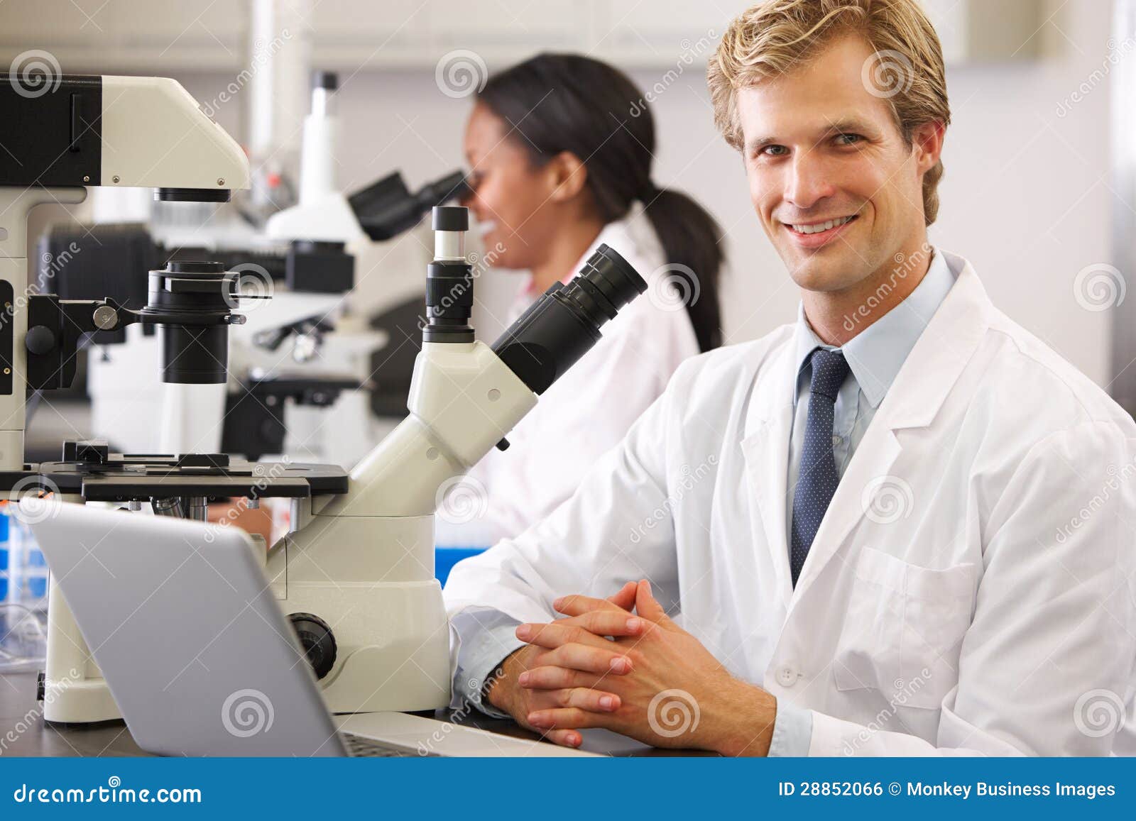 Male and Female Scientists Using Microscopes in Laboratory Stock Photo ...