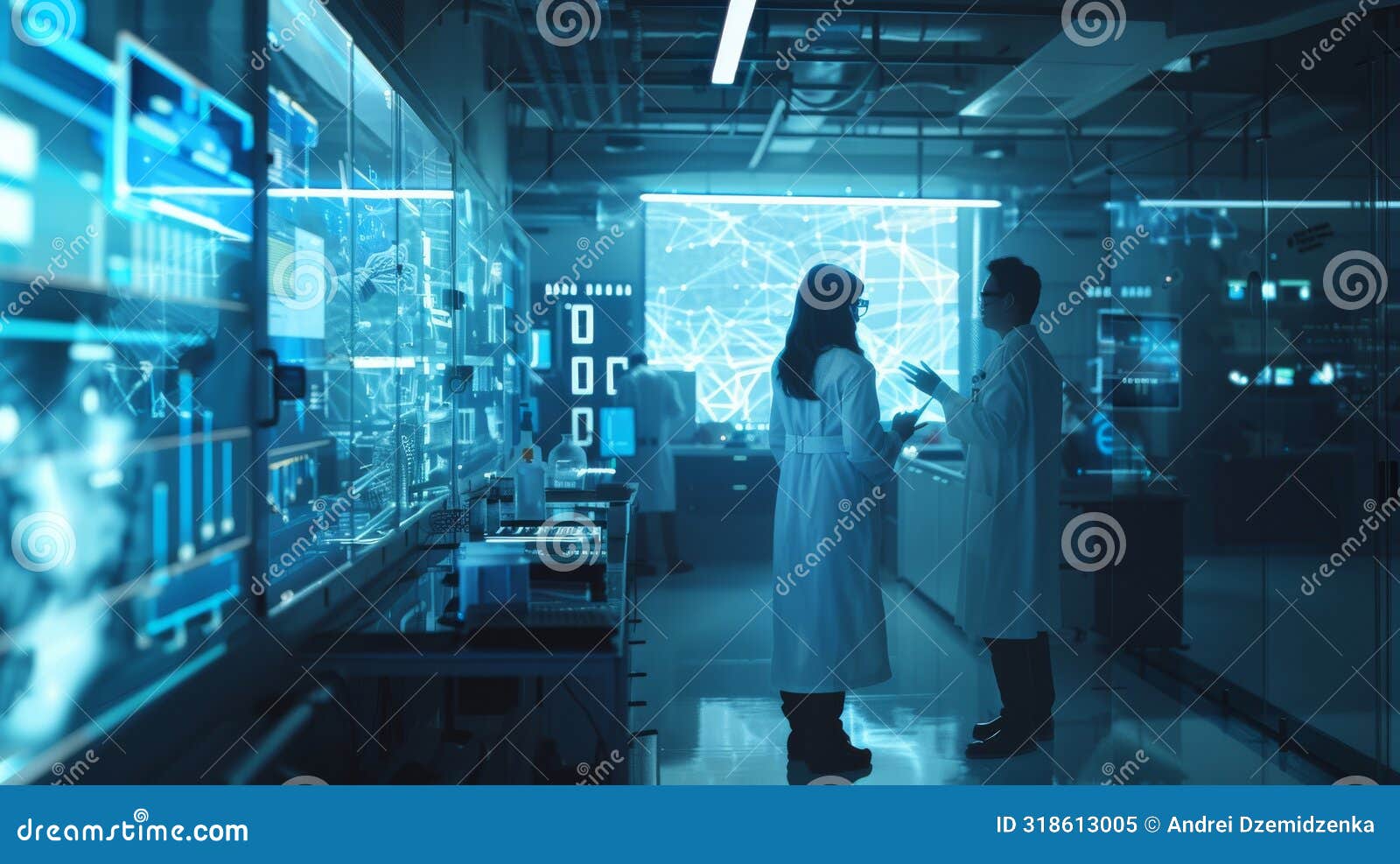 Male and Female Scientists Work on the Transparent Display Computer in the Futuristic Laboratory ...