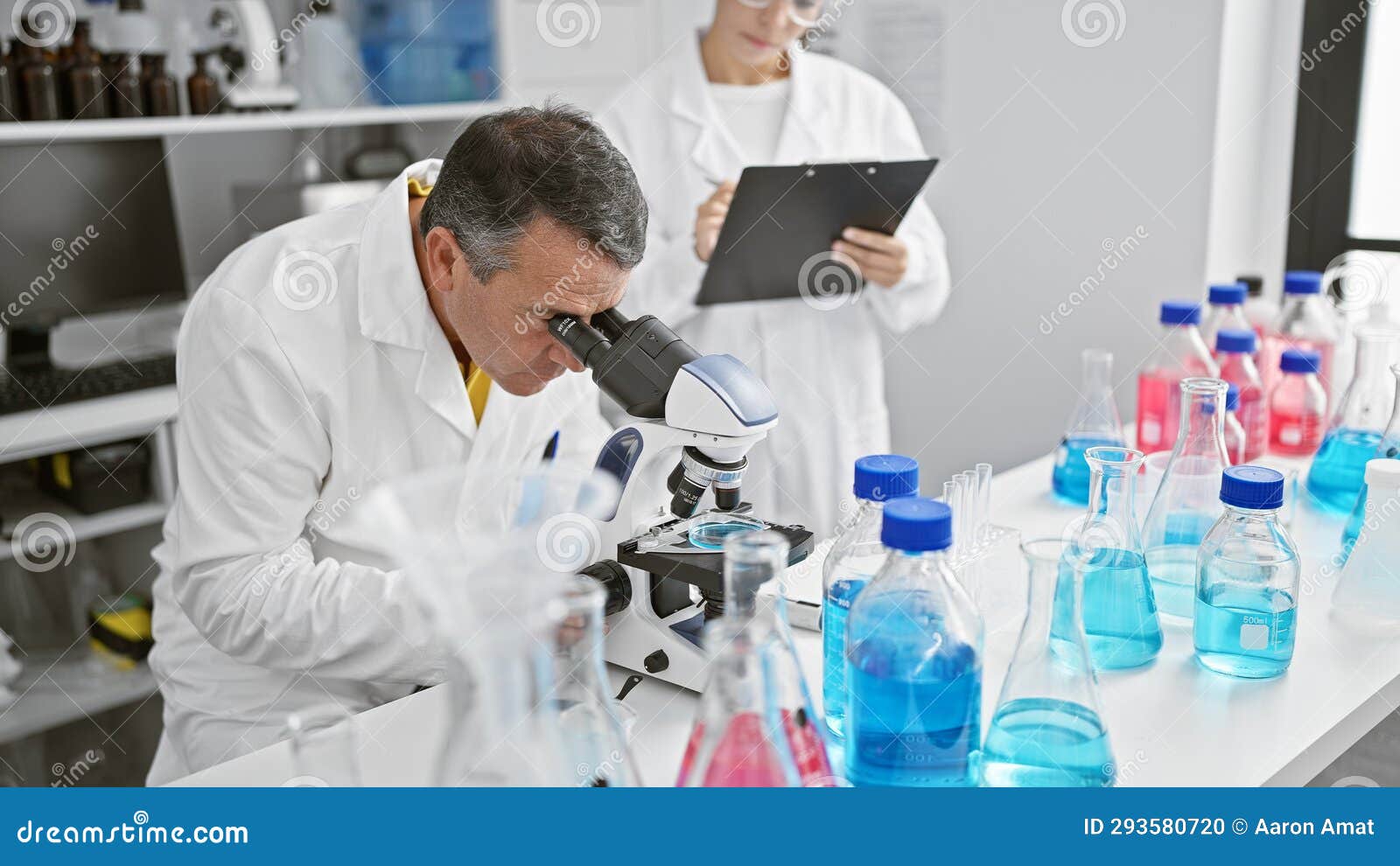 Male and Female Scientists Working Together in Lab, Serious ...