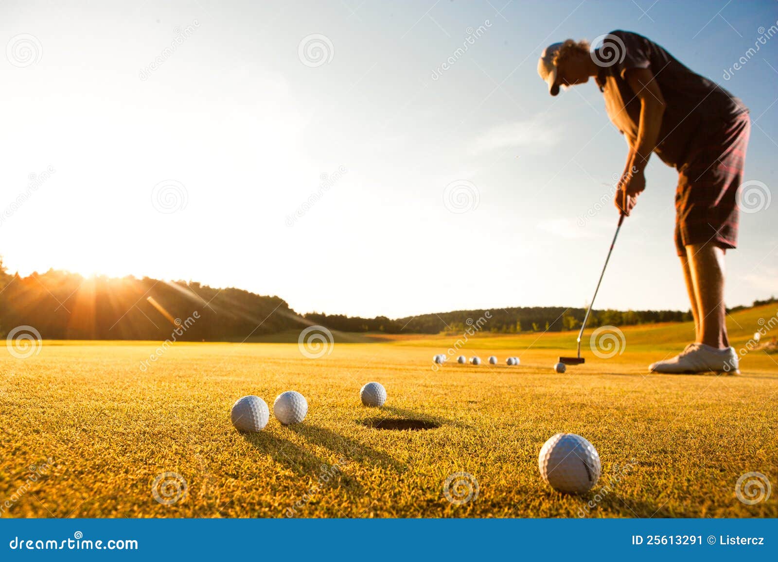 Male Golf Player Practicing a Par during Sunset Stock Image - Image of ...