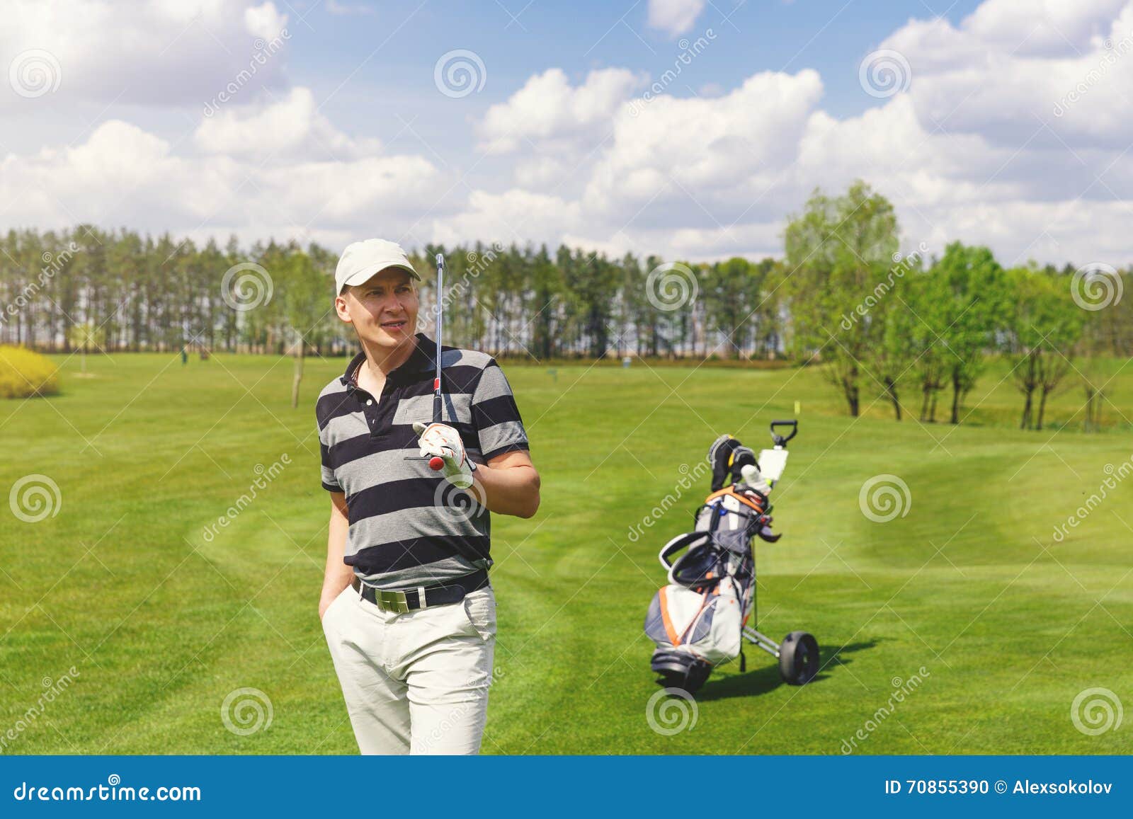 Male Golfer Standing at Fairway on Golf Course Stock Photo - Image of ...