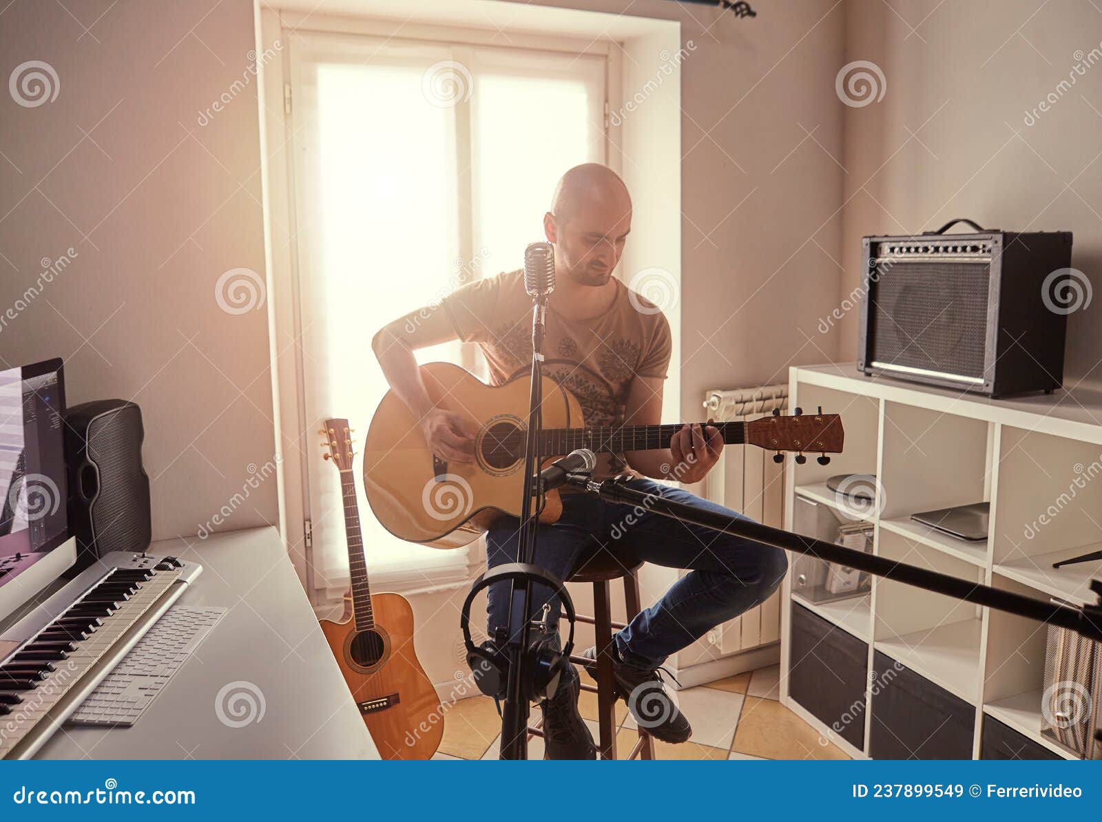Male Guitar Player Recording at Home Studio Stock Image - Image of ...