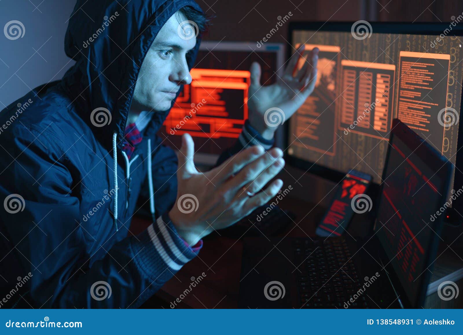 Male Hacker Celebrates Success with a Hand Gesture. a Successful ...