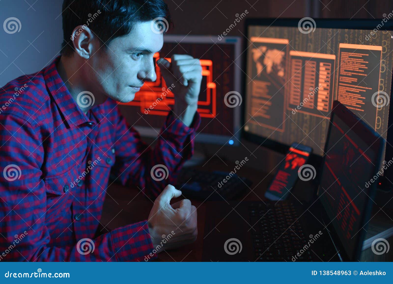 Male Hacker Celebrates Success with a Hand Gesture. a Successful ...