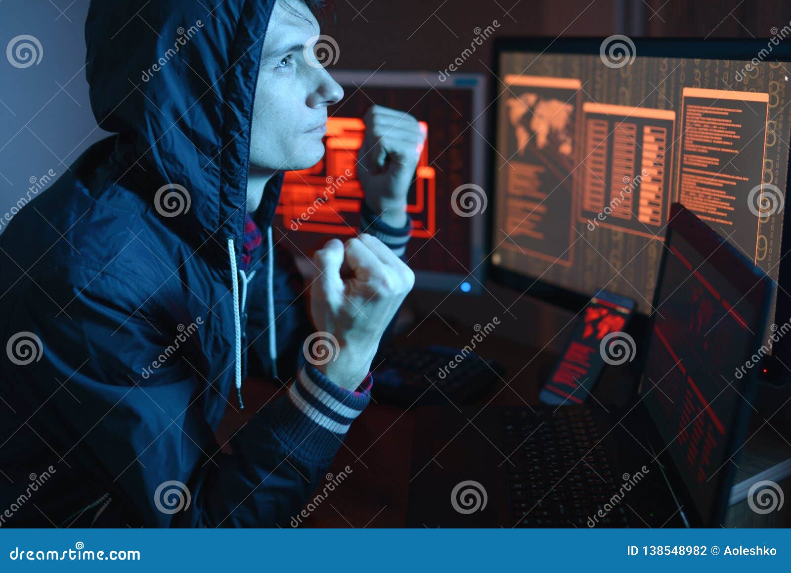 Male Hacker Celebrates Success with a Hand Gesture. a Successful ...