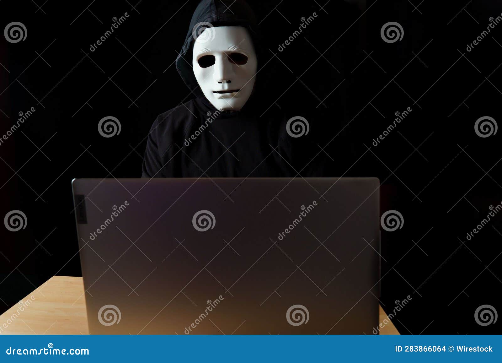 Man with a White Mask Behind a Computer Stock Photo - Image of ...
