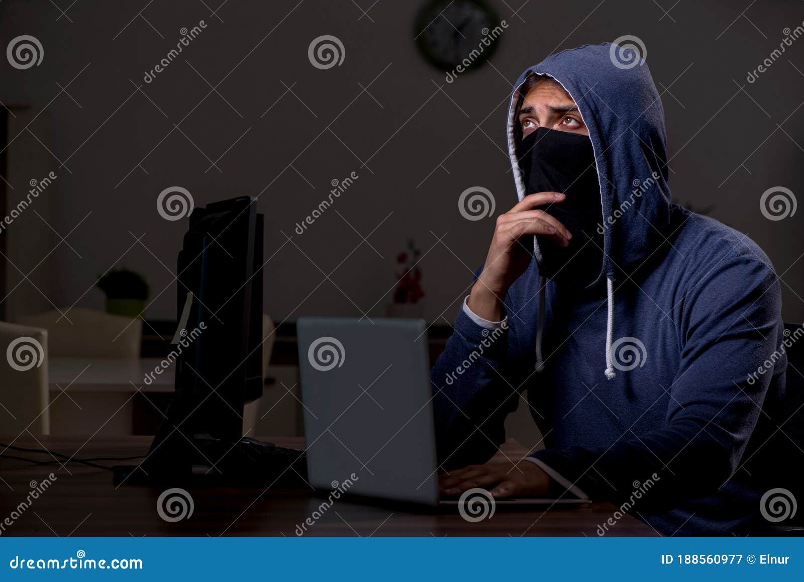 Male Hacker Hacking Security Firewall Late in Office Stock Image ...