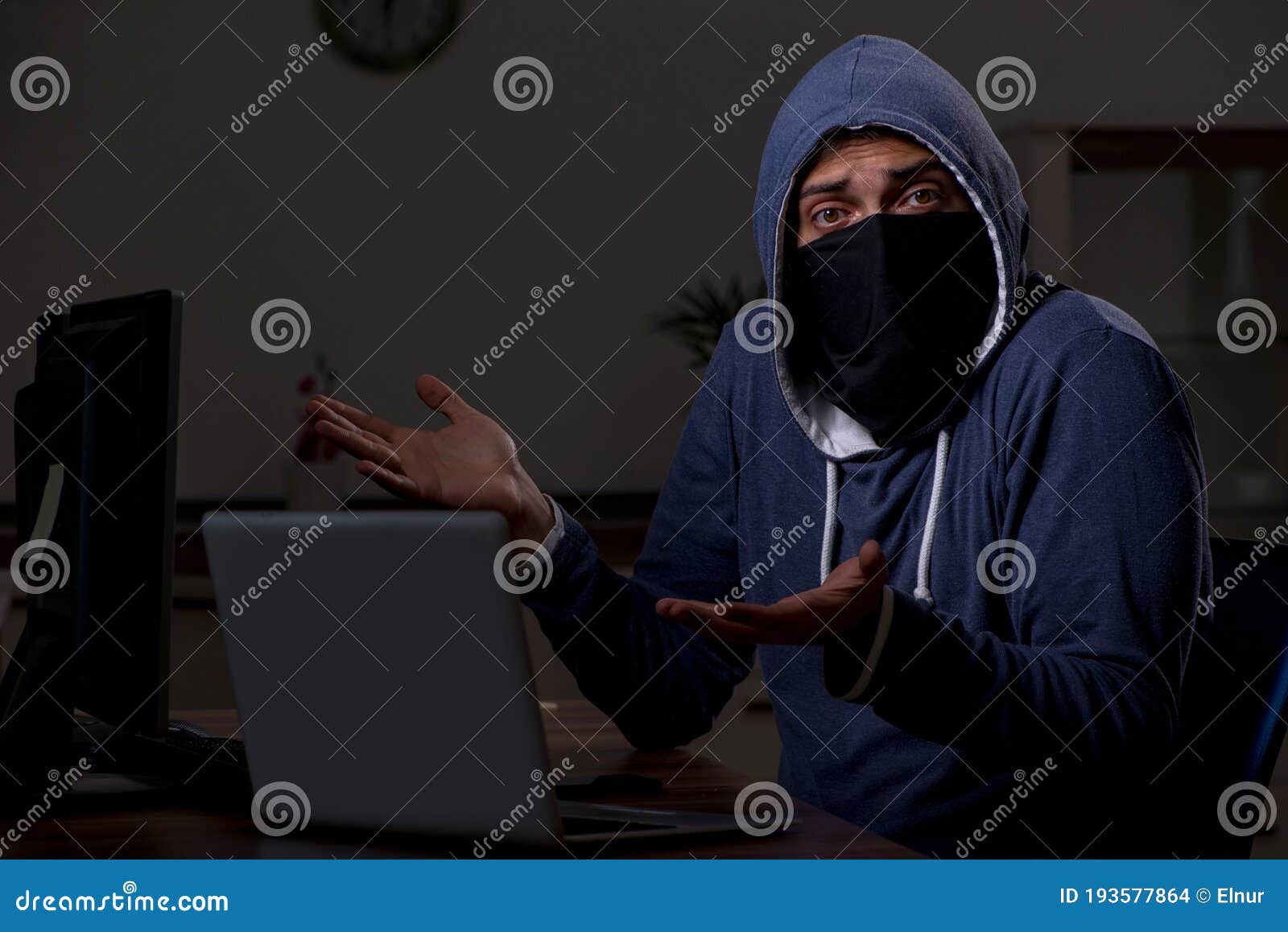 Male Hacker Hacking Security Firewall Late in Office Stock Photo ...