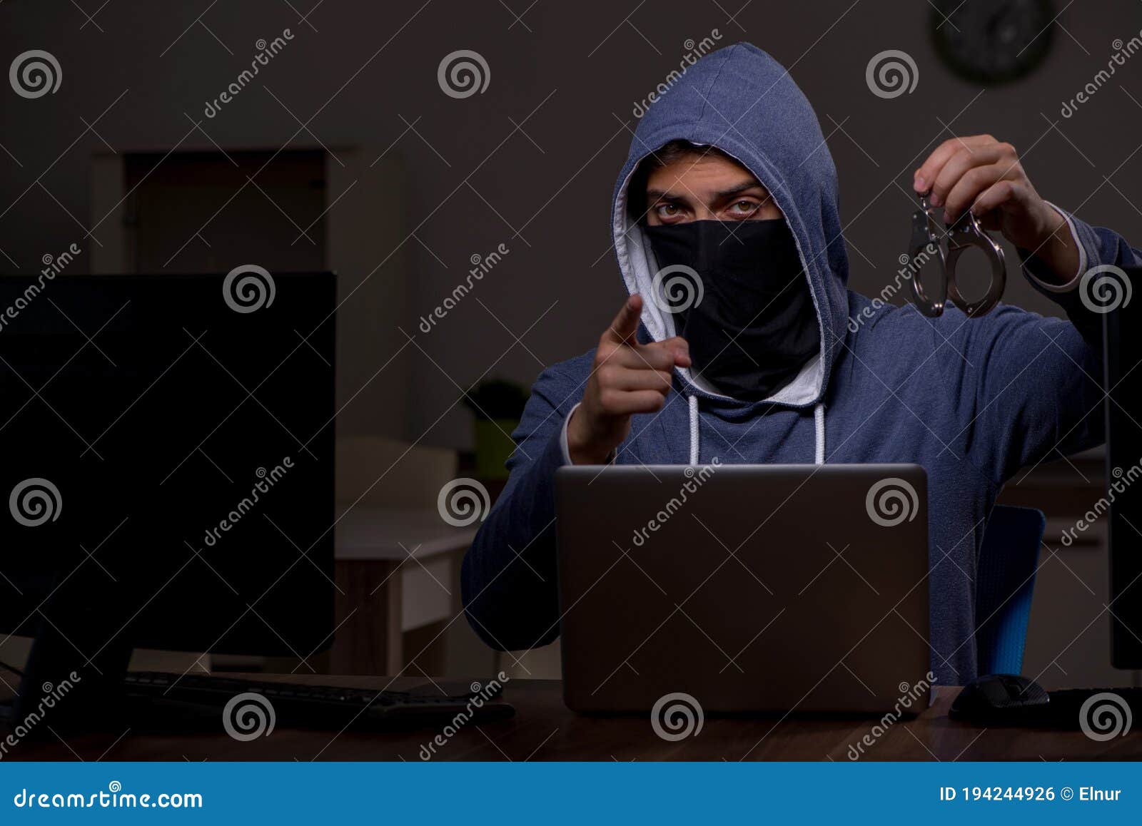Male Hacker Hacking Security Firewall Late in Office Stock Photo ...