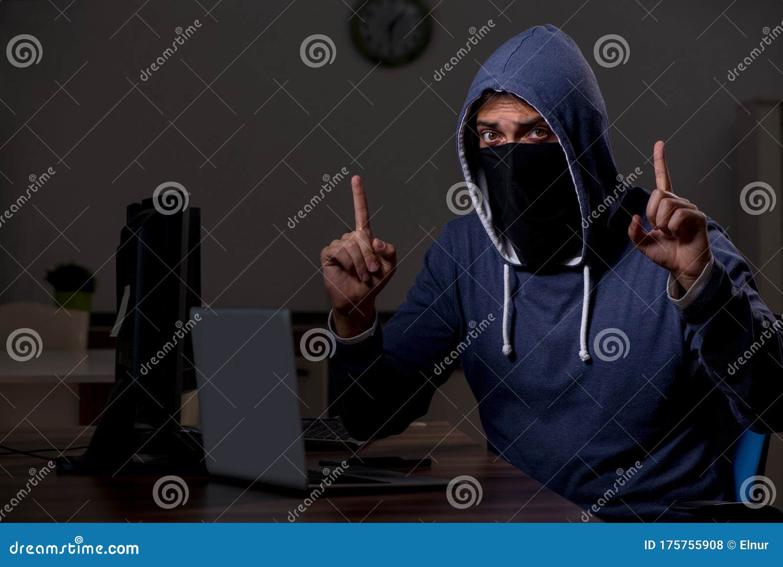 Male Hacker Hacking Security Firewall Late in Office Stock Photo ...