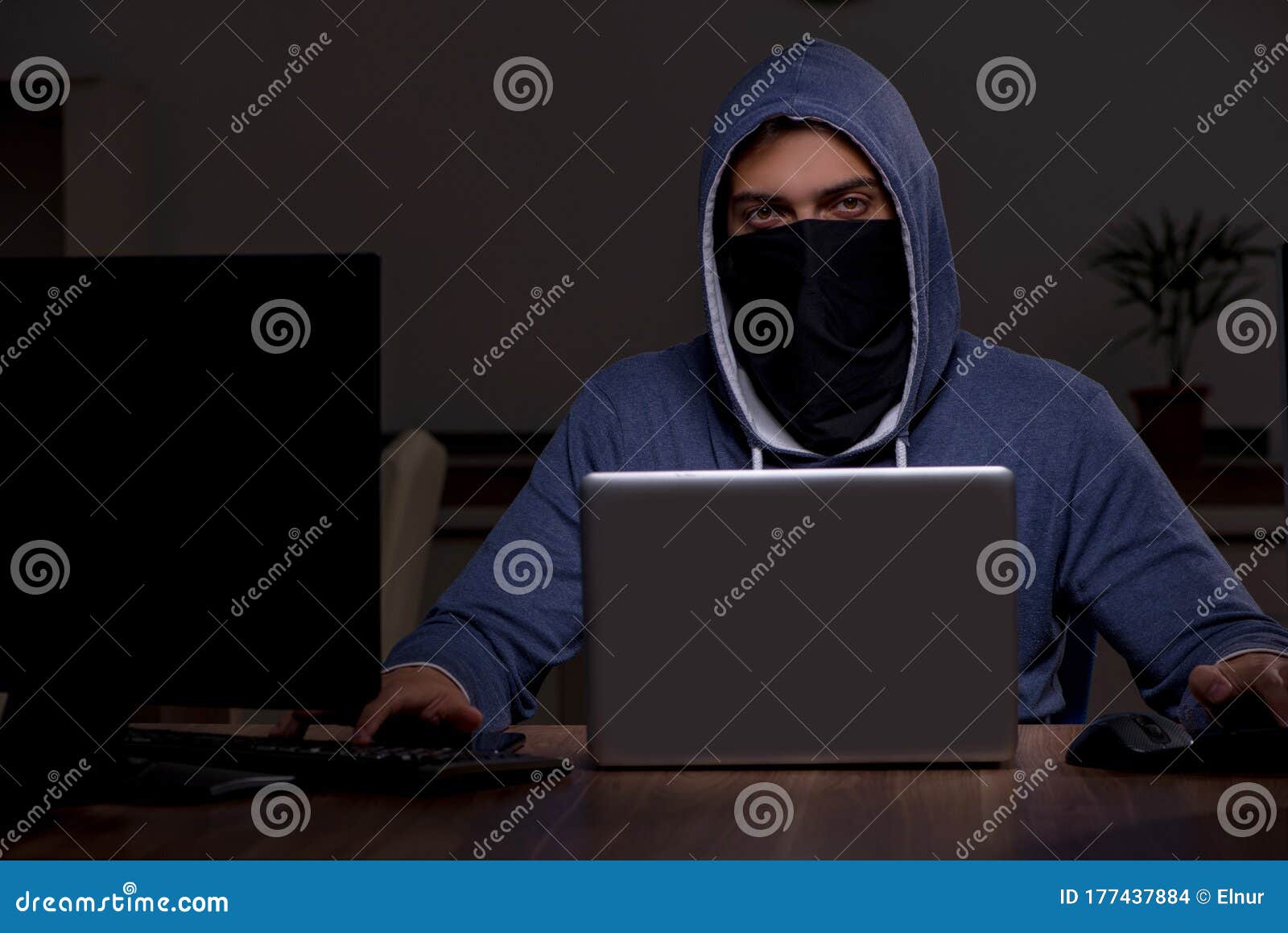 Male Hacker Hacking Security Firewall Late in Office Stock Photo ...