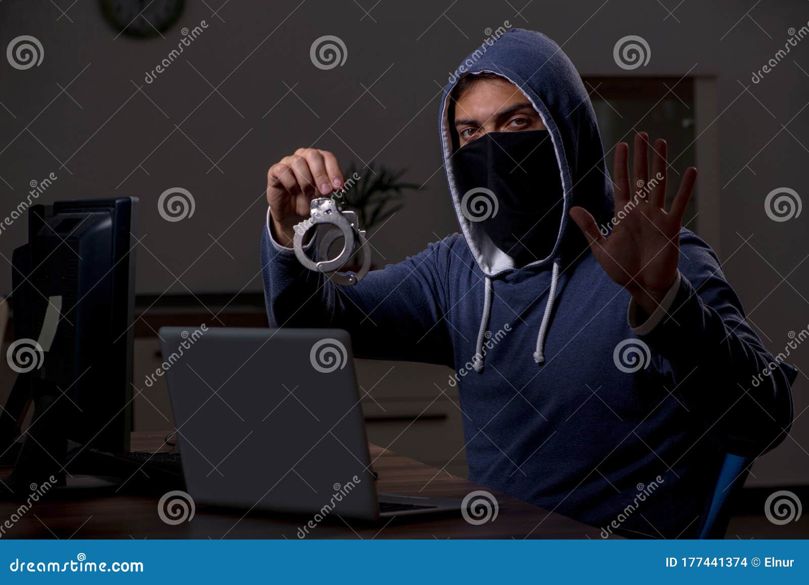 Male Hacker Hacking Security Firewall Late in Office Stock Photo ...