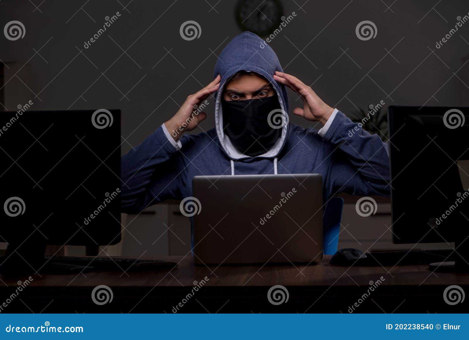Male Hacker Hacking Security Firewall Late in Office Stock Photo ...