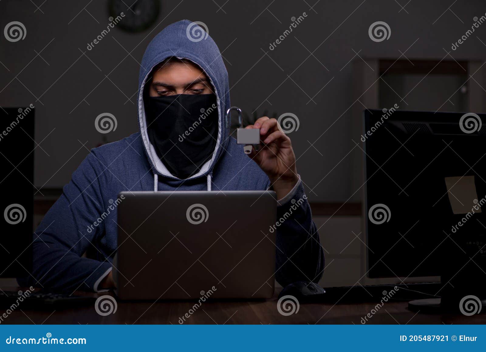 Male Hacker Hacking Security Firewall Late in Office Stock Image ...