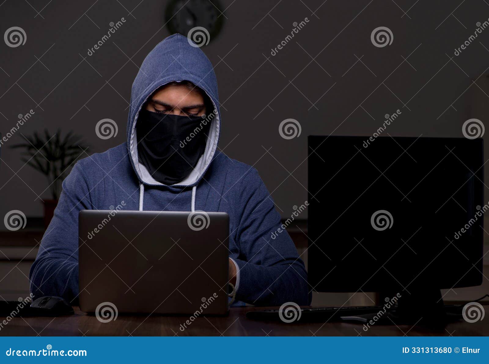 Male Hacker Hacking Security Firewall Late in Office Stock Photo ...
