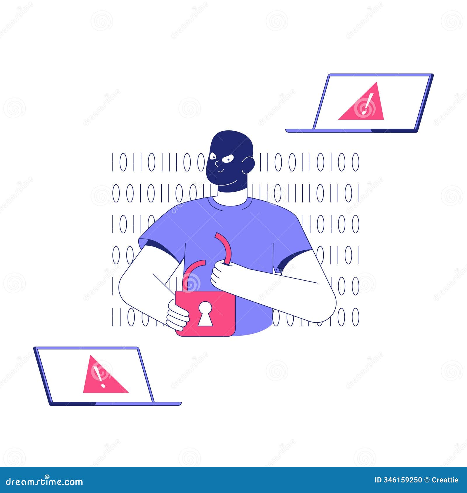 Hacker Holding Open Padlock with Binary Code Background in Flat Vector ...