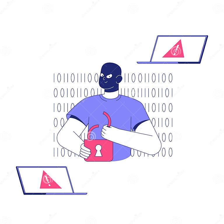 Hacker Holding Open Padlock with Binary Code Background in Flat Vector ...