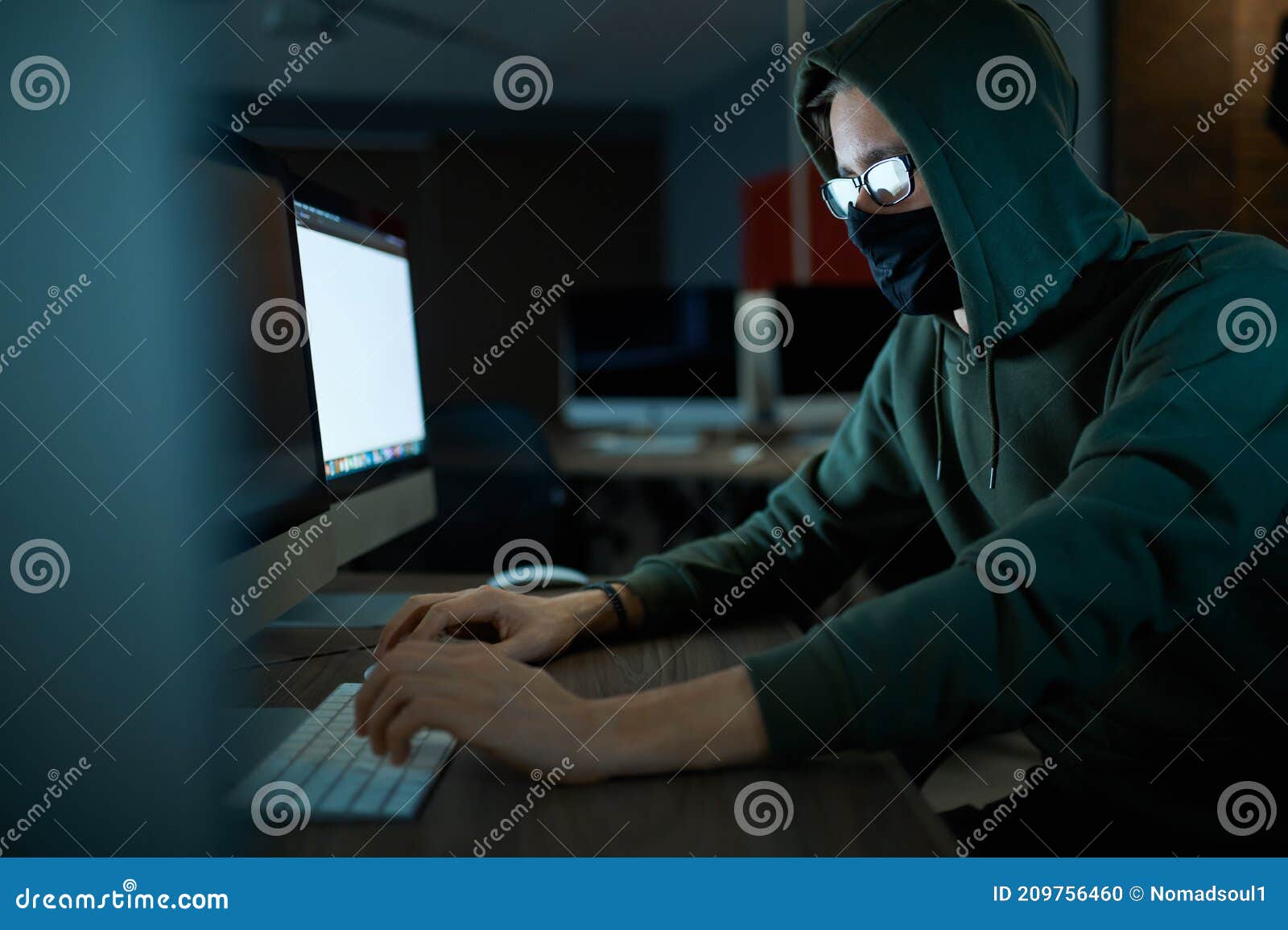 Male Hacker in Hood Holds Laptop, Front View Stock Photo - Image of ...