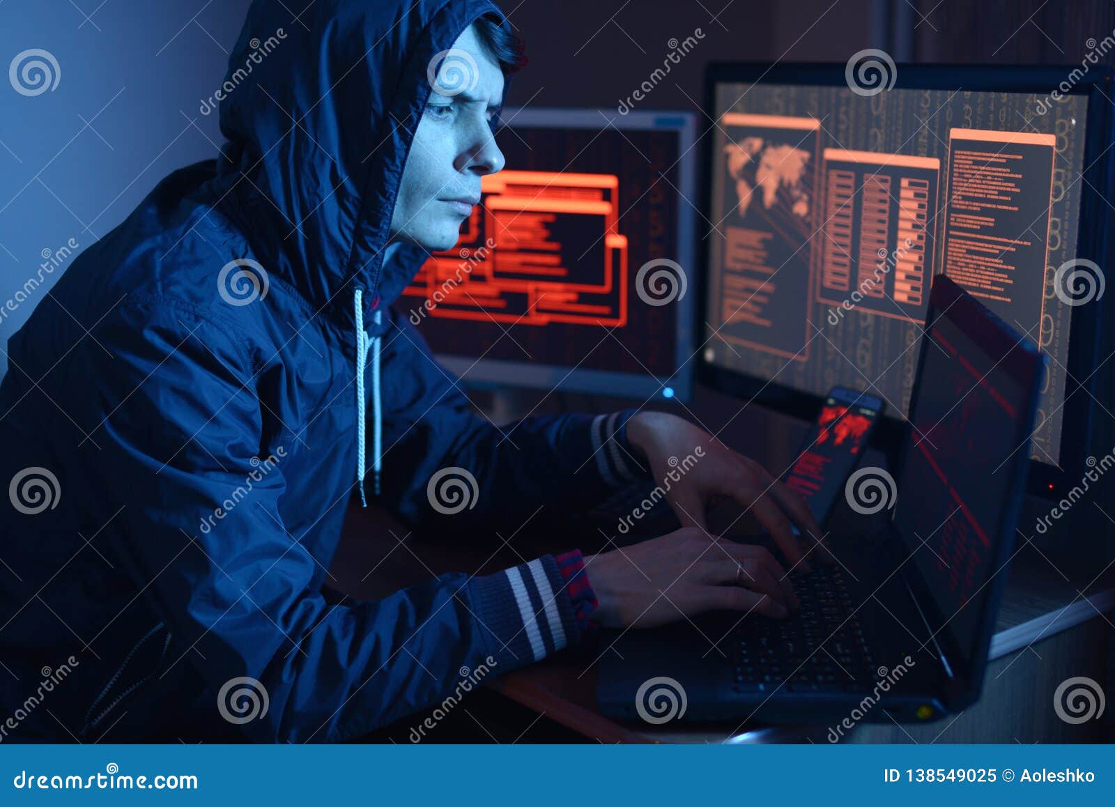 Hacker In Hood Typing Program Code While Committing A Cybercrime