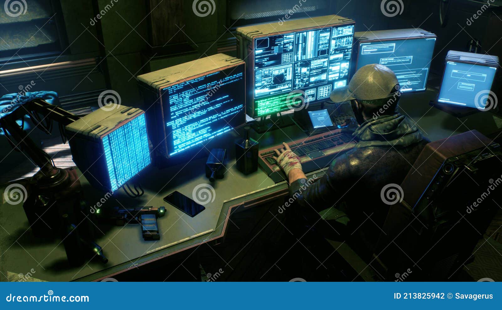 A Male Hacker Surrounded by Glowing Monitors Hacks into Someone Else S ...