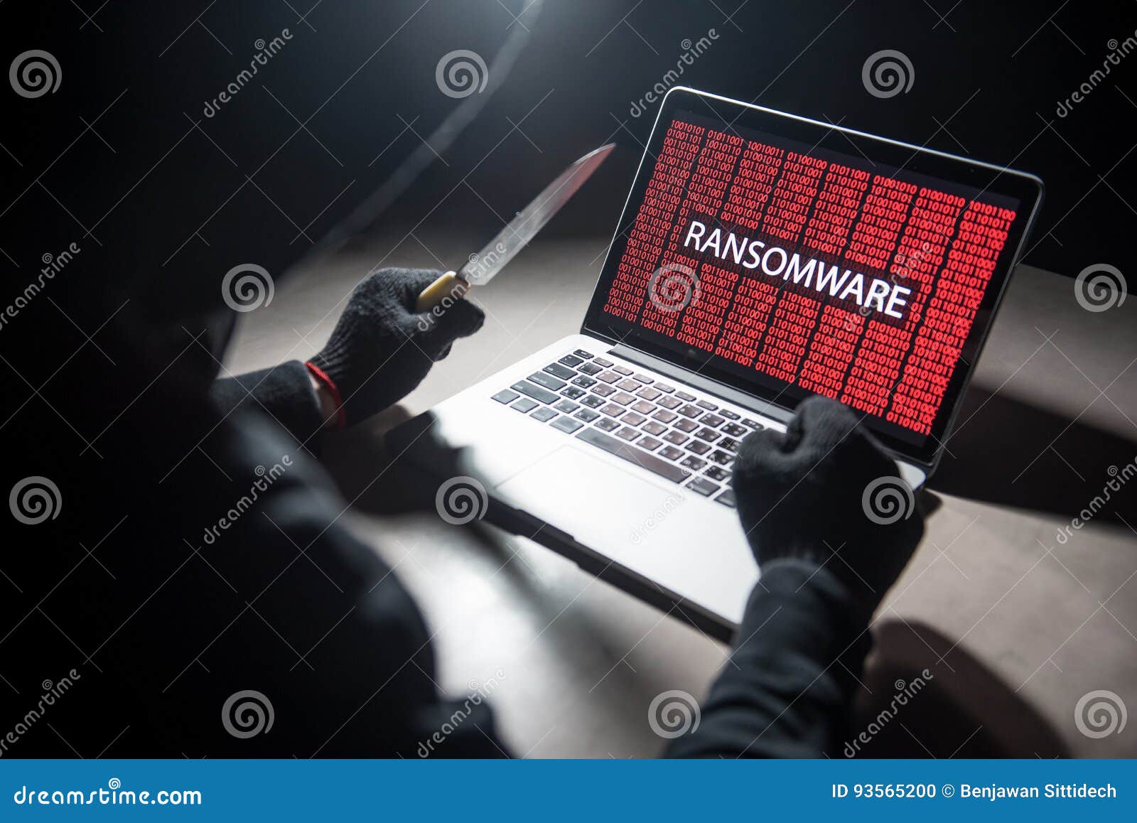 Male Hacker Threading Computer Laptop with Knife Stock Photo - Image of ...