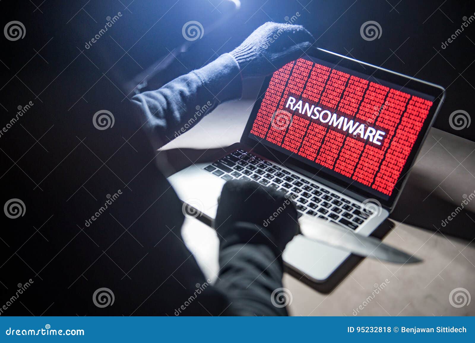 Male Hacker Threading Computer Laptop with Knife Stock Photo - Image of ...