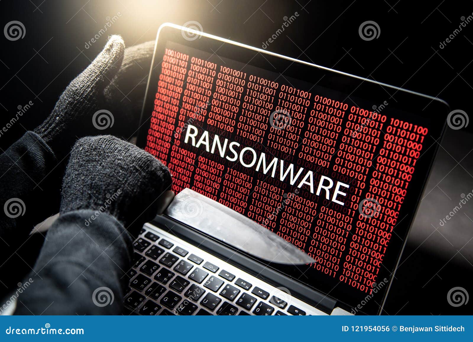 Male Hacker Threading Laptop Computer with Knife Stock Photo - Image of ...