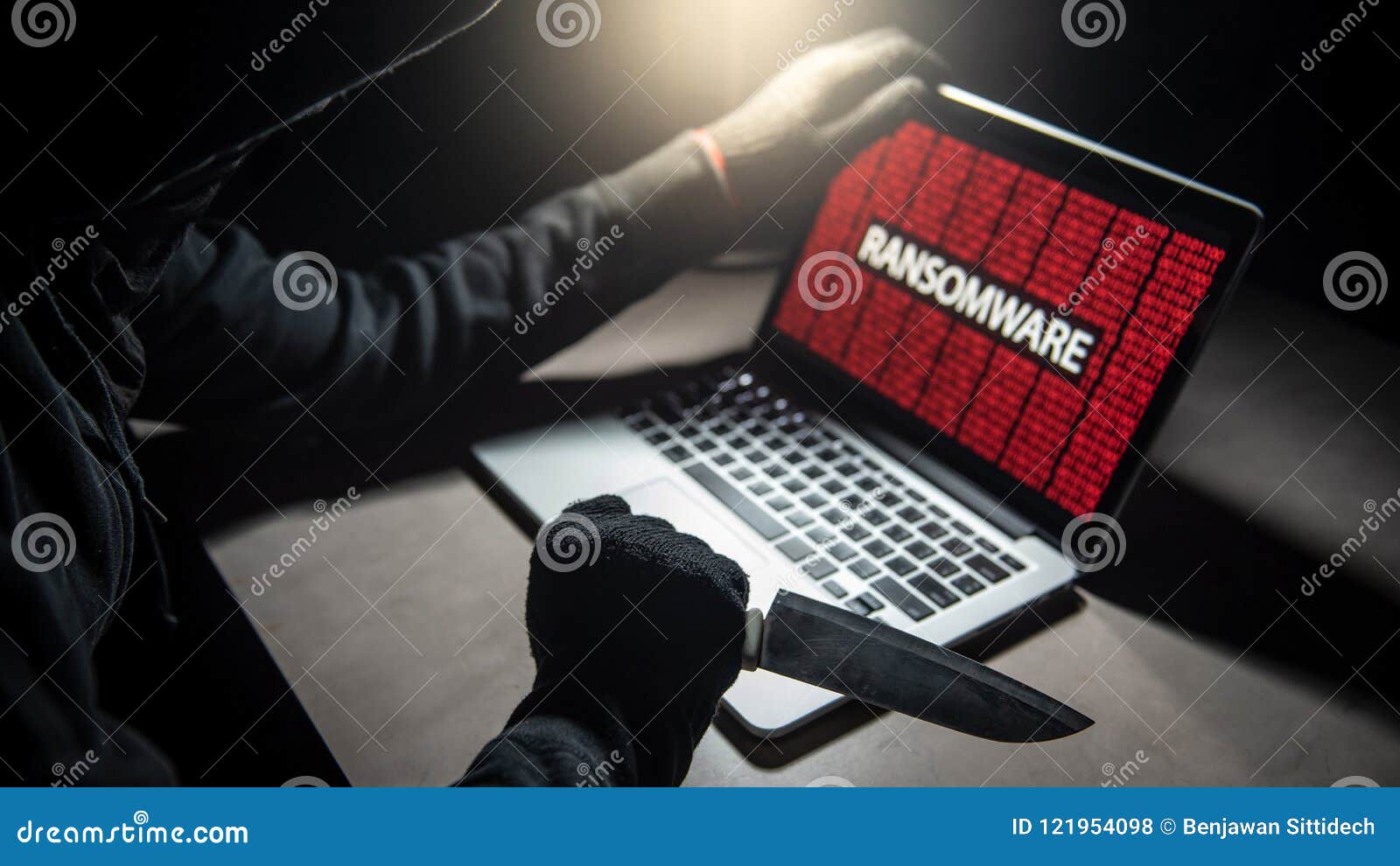 Male Hacker Threading Laptop Computer with Knife Stock Photo - Image of ...