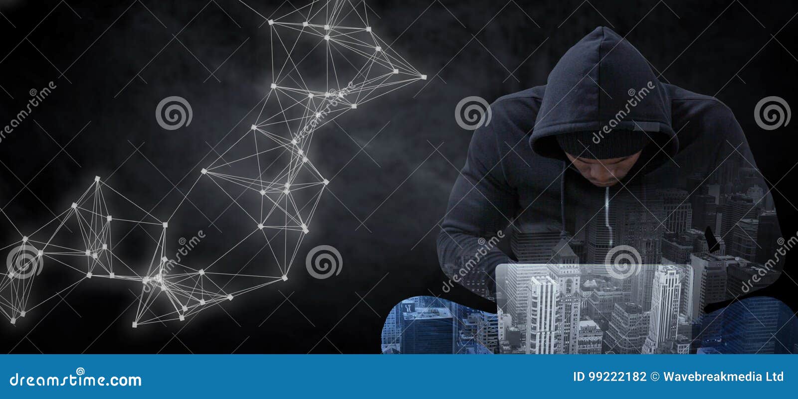 Composite Image of Male Hacker Using Laptop while Sitting Stock Photo ...