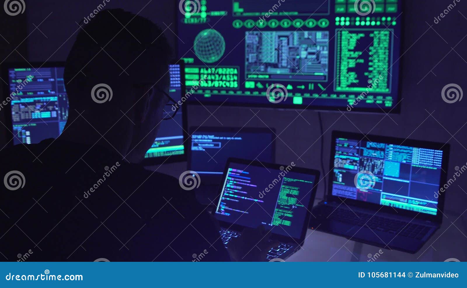 Male Hacker Working on a Computer in a Dark Office Room. Stock Photo ... Male Hacker Working on a Computer in a Dark Office Room. Stock Photo ...