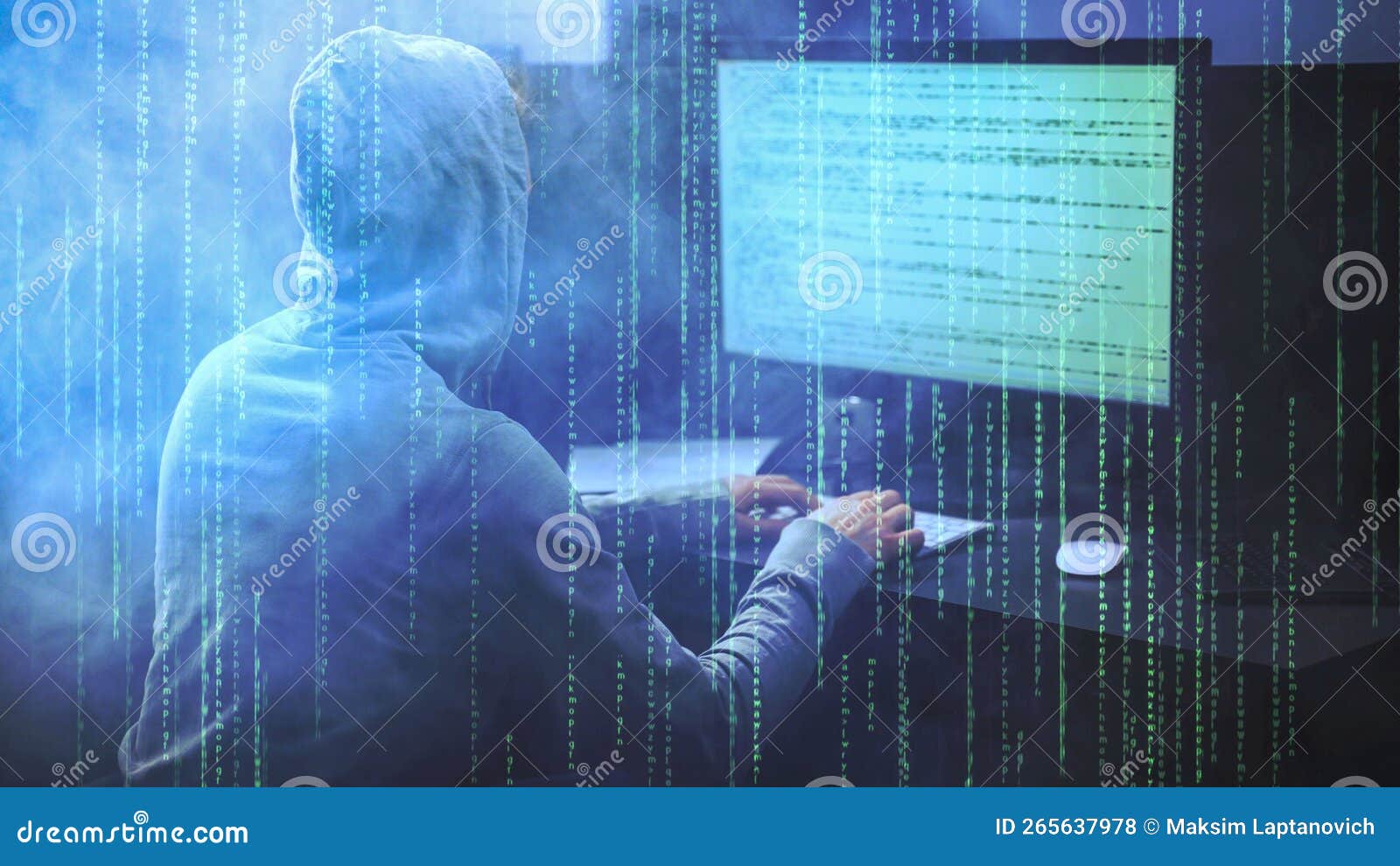 Male Hacker Working on a Computer Vs Green Matrix Code and Smoke on ...