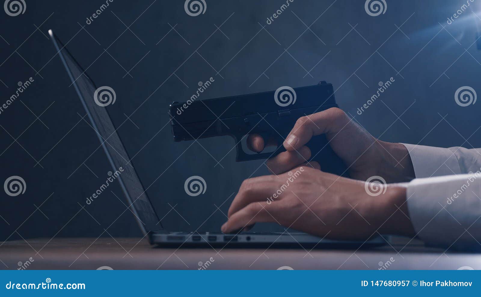 Male Hand Aims the Gun at the Computer Screen. Concept of Cyber Robbery ...
