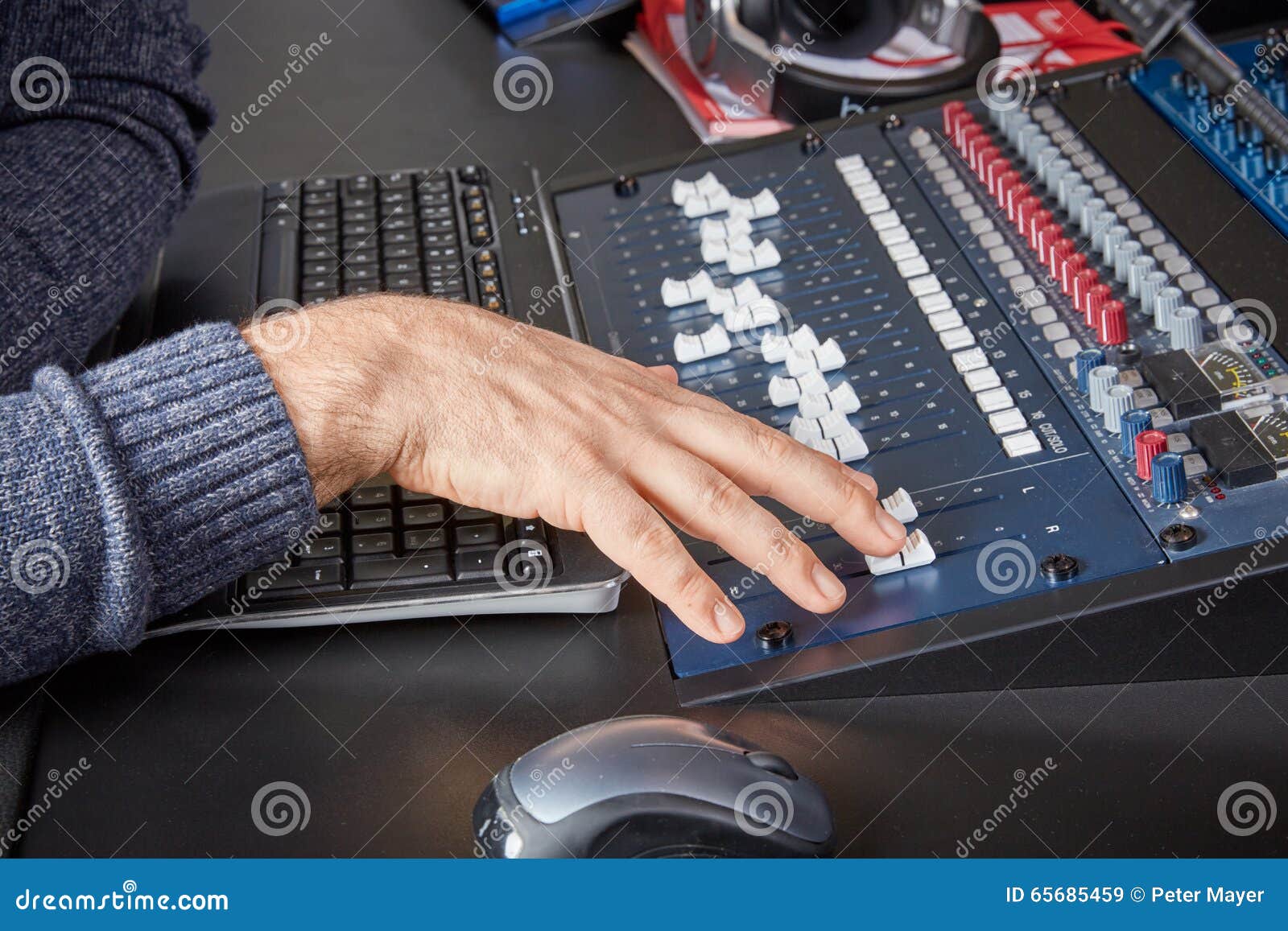 Male Hand on Audio Mixer and a Computer Mouse Stock Image - Image of ...