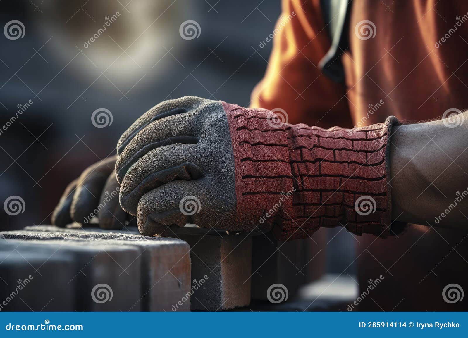 Male Hand in Glove of Bricklayer Installing Bricks on Construction Site ...