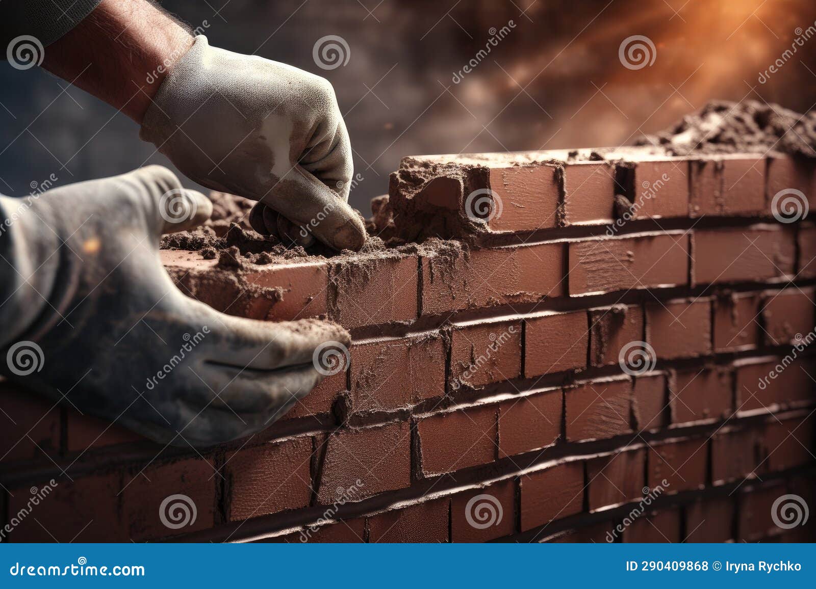 Male Hand in Glove of Bricklayer Installing Bricks on Construction Site ...