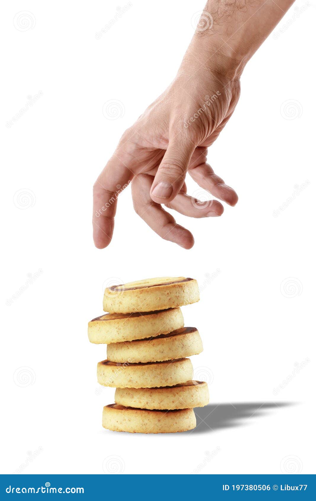 Male Hand is Going To Pick Stack of Chocolate Biscuits or Cookies Stock ...