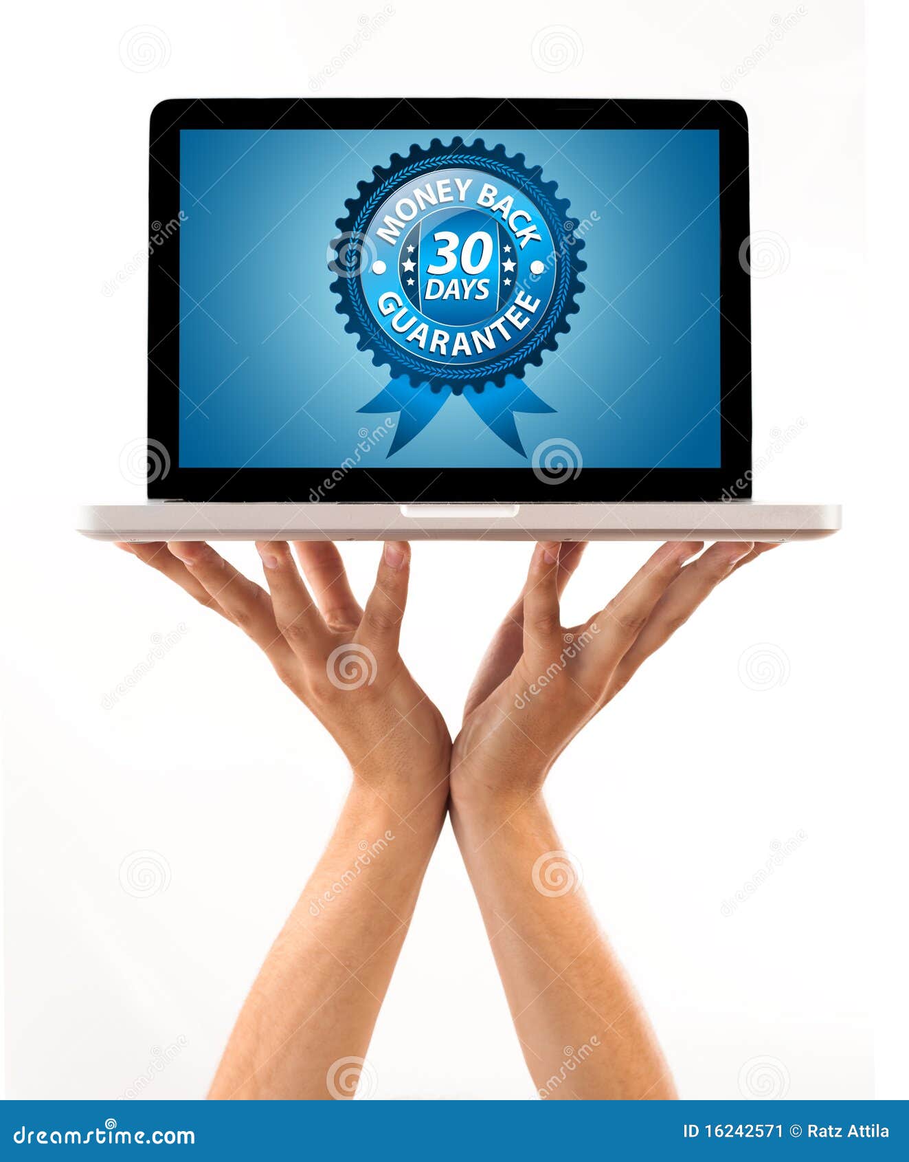 Male Hand Holding a Laptop with Money Back Label Stock Image - Image of ...