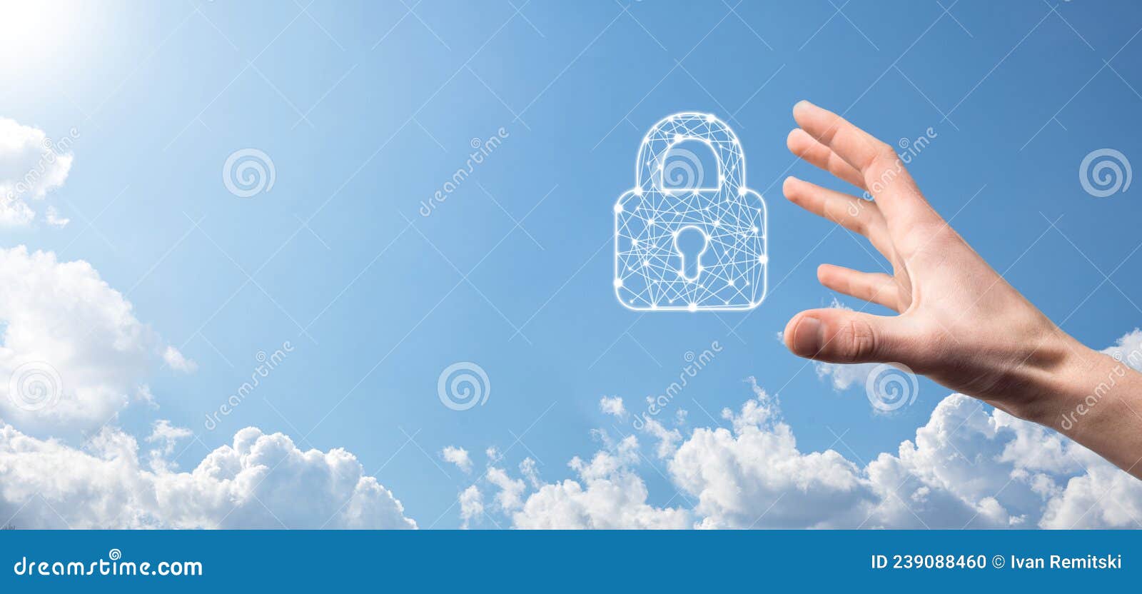 Male Hand Holding a Lock Padlock Icon.Cyber Security Network. Internet ...