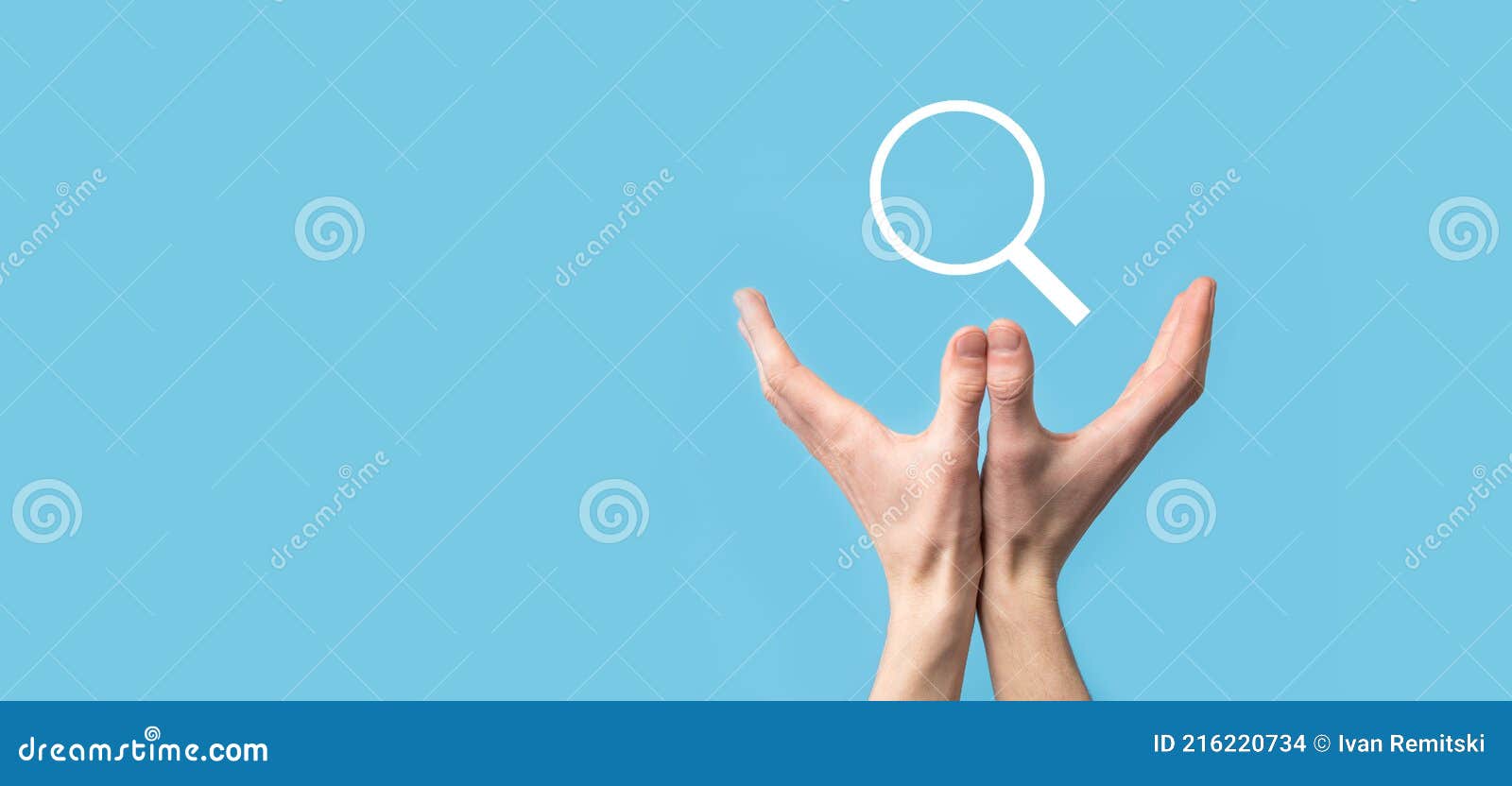 Male Hand Holding Magnifying Glass ,search Icon on Blue Background ...