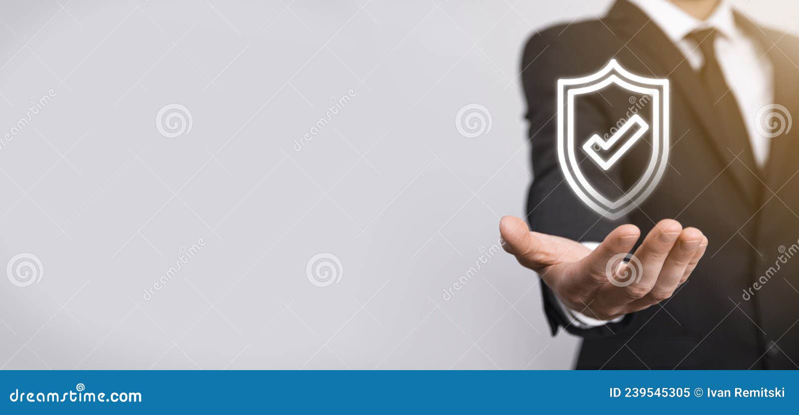 Male Hand Holding Protect Shield with a Check Mark Icon on Blue ...